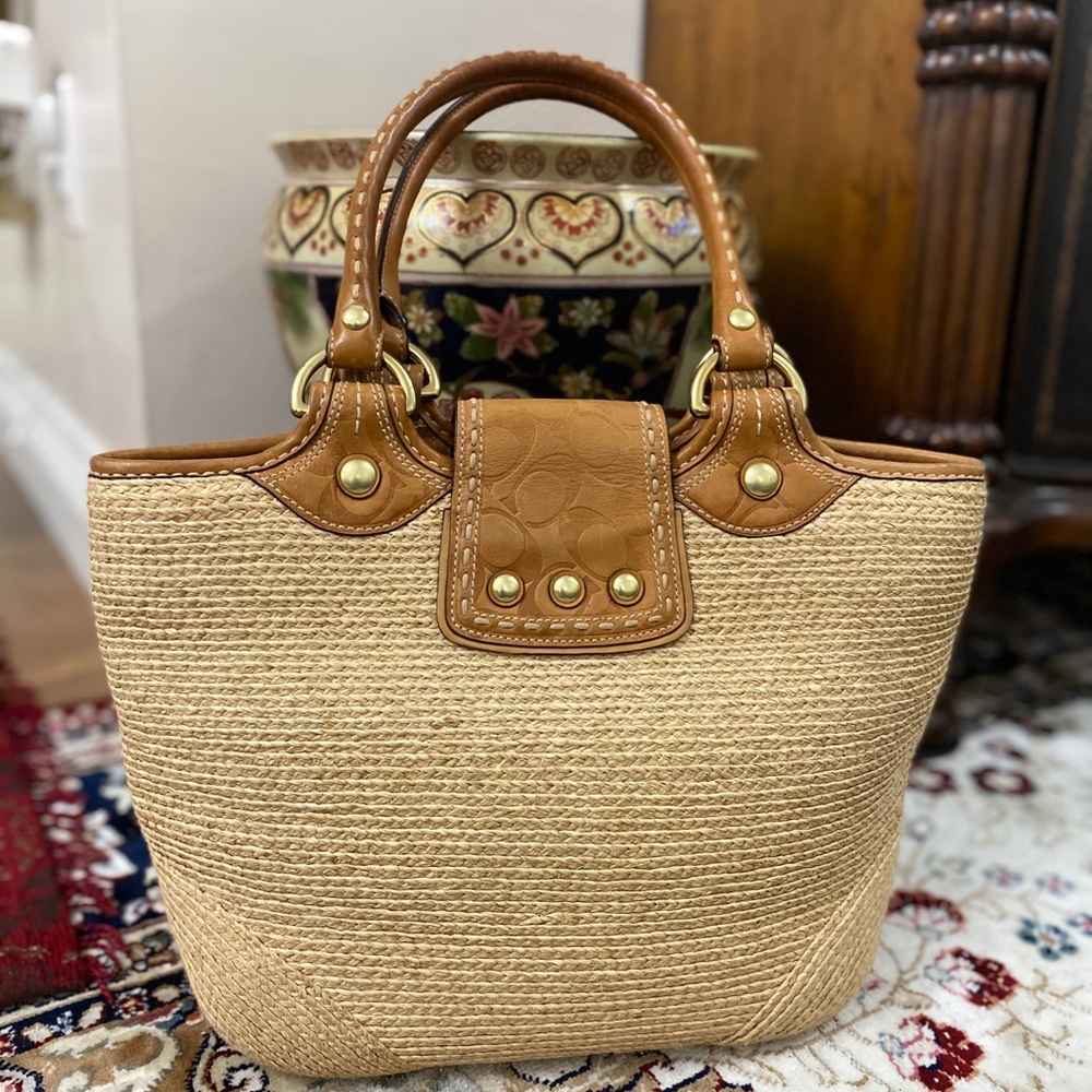 Coach Natural Straw Leather Tote Shoulder Bag - Gem